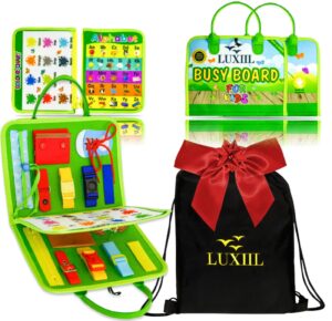 luxiil busy board montessori toys for toddlers 3in1 gifts for 1 2 3 4 5 year old boys & girls, preschool sensory activity boards travel boards learning basic dress skills toys for plane & car (green)