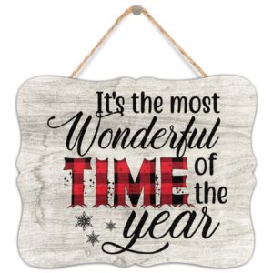 aroggeld it's the most wonderful time of year wood sign red black buffalo plaid wooden christmas wall hanging plaque holiday home decoration for front door garden porch, white, q2kpkxlexvxg, 8x10''