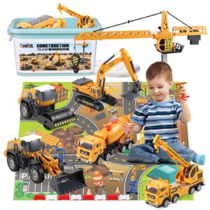 panitu construction truck toy set with game mat and storage bucket, kids engineering cargo transport vehicles site playset, tractor, crane, dump trucks, excavator, gift for 3 + toddlers boys children