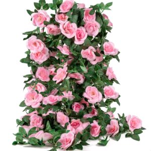 4 pack (32ft) artificial rose vine fake flowers garland hanging silk rose ivy plants vine for wedding arch party garden home bedroom office wall aesthetic art décor (pink)