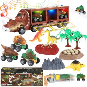 smadool dinosaur toy truck for kids, dinosaur transport truck toy with sounds lights pull back car toys dinosaur toys car for kids 3-5 with track launcher dinosaur scene kids toys for boy girl