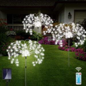 solar garden lights outdoor decor, 3 pack 360 led solar fireworks lights waterproof 8 modes starburst lights with remote, solar flower lights for pathway patio yard christmas decorations(cold white)