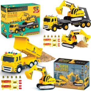 mobius toys 4-in-1 construction vehicle bundle - 1:12 scale dump truck, flatbed and 2 excavators with lights and sounds, push and go realistic big truck toy, construction vehicle excavator toy