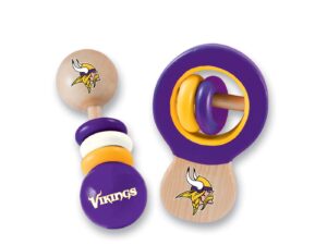 babyfanatic wood rattle 2 pack - nfl minnesota vikings - officially licensed baby toy set