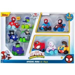 voraga marvel's spidey and his amazing friends snf0046 10-pack-2” mini vehicle assortment including, ghost spider, miles, hulk, and more-toys featuring your friendly neighbourhood spideys, multi