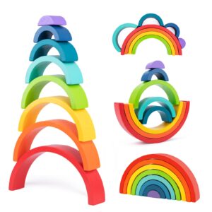 tookyland wooden rainbow stacking toy - 8pcs nesting blocks game, ages 18m+