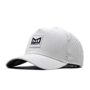 melin odyssey stacked hydro, white, men's performance snapback hats, water-resistant fitted baseball caps for men & women, golf, running, or workout hat, medium-large