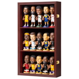 zmiky bobblehead display case action figure display case bobble head shadow box wall cabinet for 15 figurines display with lockable anti fade uv protection for bobble head, action toy figures,mahogany