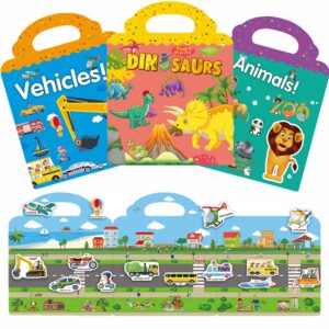 reusable stickers book for toddlers,dinosaur, animal and vehicle static sticker for kids activity books learning toys birthday christmas gifts