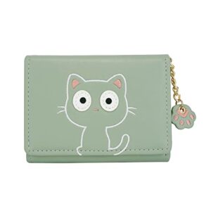 sunwel fashion cute little cat pattern small wallet credit card holder cash pockets id window with paw pendant (green, tri-fold)