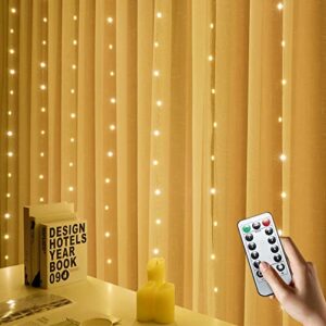 n led curtain lights 9.8 ft and connectable with 300 led ,8 modes usb with remote,waterpoorf for christmas bedroom party wedding home garden wall decorations(warm white)