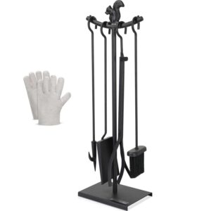 myfireplacedirect 5 pieces fireplace tools sets strength wrought iron indoor outdoor fire place toolset hearth accessories kit (black squirrel w/gloves)