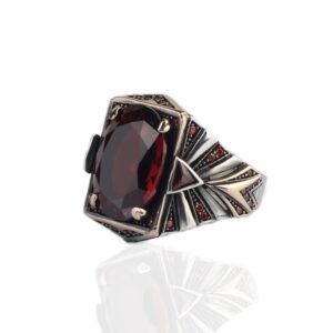 handmade 925 sterling silver men's ring with triangle garnet gem stone, futuristic statement ring gifts for men handmade rings valentines day gifts for him