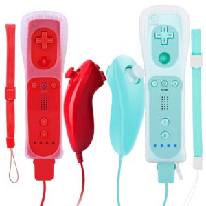 jtao-tec wii controller, 2 packs wii controller and wii nunchuck for wii and wii u console, with silicone case and wrist strap (red + water blue)