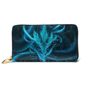 zhrymife blue dragon and girl women leather long wallet with zipper clutch travel credit card holder purse black one size