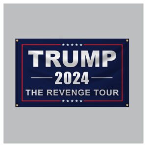 bannerbuzz vinyl banner, trump 2024 revenge tour, pvc flex, 11 oz, hemmed edges with grommets, single sided print, full color 600dpi eco solvent printing (8’ x 5’)