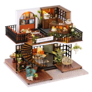 kisoy dollhouse miniature with furniture kit, handmade diy house model for teens adult gift (forest teahouse)