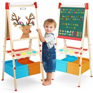 kids wooden easel with paper roll, fixget upgrade double-sided whiteboard & chalkboard standing easel, art easel with numbers magnetic accessories art and craft set painting drawing gifts for toddler