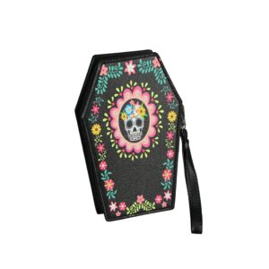 day of the dead sugar skull coffin shaped wallet with removable wrist strap