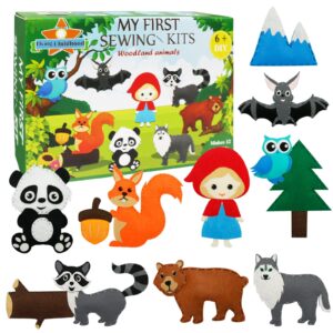 flying childhood woodland sewing kit for kids felt crafts christmas gift for girls boys ages 6-8 diy kits stuffed animals art supplies 12 pack