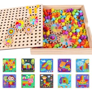 kusarko wooden peg board toys, 2 in 1 color matching mosaic pegboard, button art toys for toddlers, early learning educational toys for boys & girls (180 pcs)