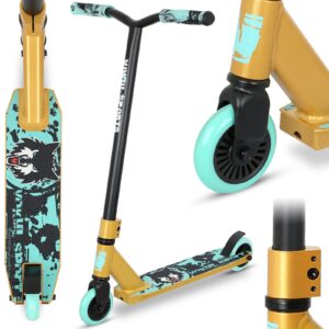 pro scooter - trick scooters | entry level stunt scooter for kids ages 6-12 years and up, lightweight complete bmx freestyle scooter for beginners (2022 black gold)