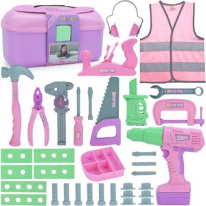 kids tool set, 31 pcs kids tool box pretend play construction toy with electric drill hammer tool accessories toddler tool set for girls boys ages 3 4 5 6 7 years old