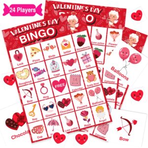 valentines day large size bingo game card for kids/adults, 24 players - valentine game for family/school classroom/large group, valentine party favor for boy/girl