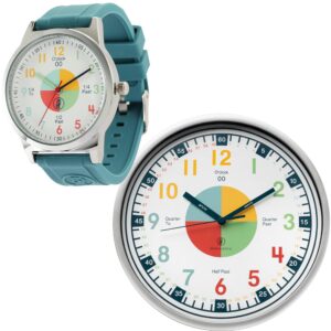 owlconic telling time teaching clock - bundled with kids watch. learn to tell time resources. teal