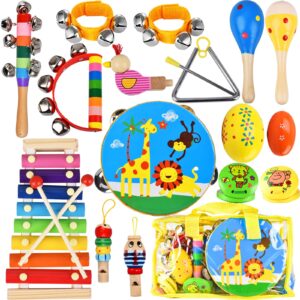 inlaier kids musical instruments set, 20 pcs wooden shakers percussion instruments tambourine xylophone toys, child early learning musical toys for boys and girls gifts present with carrying bag