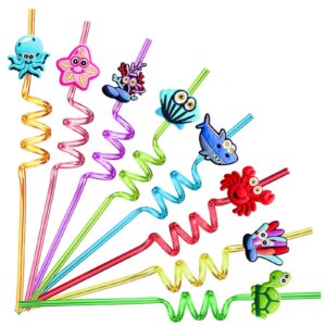 24 under the sea party favors sea creature animal drinking straws goodie gifts for kids ocean birthday party supplies, under the sea party supplies with 2 pcs cleaning brushes