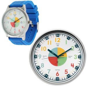 owlconic telling time teaching clock - bundled with kids watch. learn to tell time resources. blue