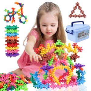 magic4u 350pcs building toys for kids with storage box, stem interlocking blocks preschool educational learning plastic connect block snowflake toys for boys&girls aged 3+