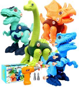 hafuziyn dinosaur toys for kids, 4 pack take apart dinosaur toys with electric drill for 3 4 5 6 7 8year old boys and girls, stem construction building play toy for christmas birthday gifts