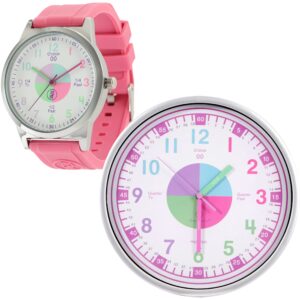 owlconic telling time teaching clock - bundled with kids watch. learn to tell time resources. pink