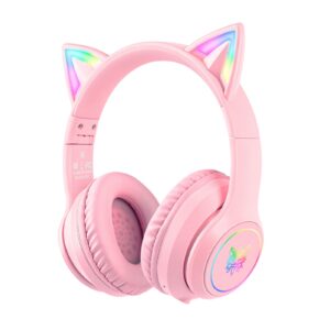 simgal bluetooth cat ear headphones for kids, wireless & wired mode foldable headset with mic, rgb led light, for girls school gaming, compatible with mobile phones pc tablet