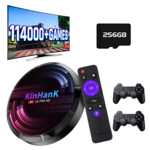 kinhank super console x max, retro game console with 114000+ games,compatible with ps1/ps2/psp/dc,s905x3 chip, android tv 9.0/emuelec 4.5/coreelec 3 system in 1,2 wireless controllers(256g)