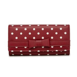 royalfair polka dot wallet for women, pu leather lady purse with cute bowtie card holder money manager with id window (white dots in red)