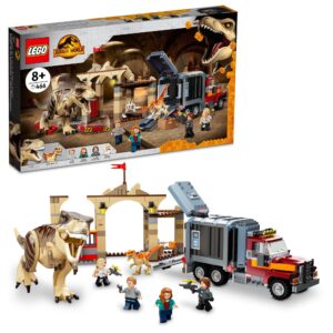 lego jurassic world t. rex & atrociraptor dinosaur breakout 76948 dino toy set, gift toys for kids age 8 plus with 4 minifigures, market and truck, 2022 movie inspired