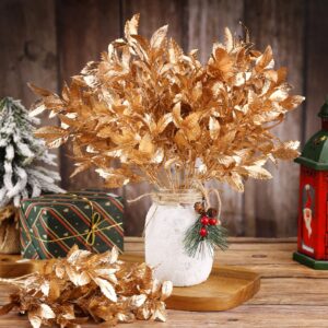 3 packs gold leaves artificial plants for christmas decoration, plastic grass fake shrubs simulation leaves golden flowers home indoor outdoor diy planter vase filler garden wedding xmas decoration