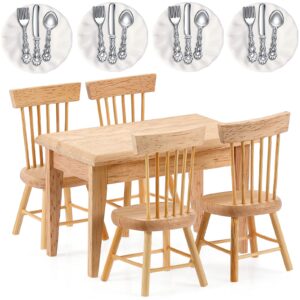 zhanmai 21 pcs dollhouse miniature table and chairs dollhouse plates knives spoons forks 1/12 scale wooden table miniature mini dollhouse accessories for diy kitchen dollhouse decoration