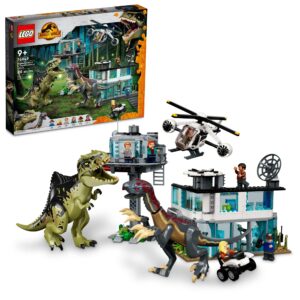 lego jurassic world giganotosaurus & therizinosaurus attack 76949 with 2 dinosaur toy figures, atv car, helicopter & garage, gifts for kids, boys and girls