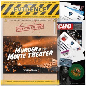 cryptic killers unsolved murder mystery game - cold case file investigation - detective clues/evidence - solve the crime - individuals, date nights & party groups - murder at the movie theater