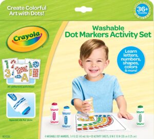 crayola washable dot markers activity set, 30 toddler coloring pages & 4 washable markers, dot paints for toddlers, toddler gifts, ages 3+