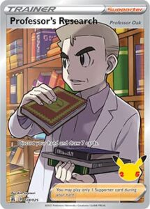 pokémon celebrations professor's research card, 25th anniversary, ultra rare full art + surprise card!