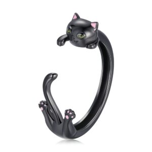 rukyf 925 sterling silver black cat rings with black gold plating dainty stackable adjustable rings for women men cute cat gifts for cat lovers