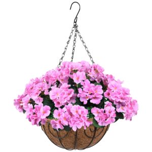 zfprocess artificial flowers hanging basket with begonia silk flowers for outdoor/indoor, artificial geranium flowers in 12'' basket for patio lawn garden summer decoration(deep pink)