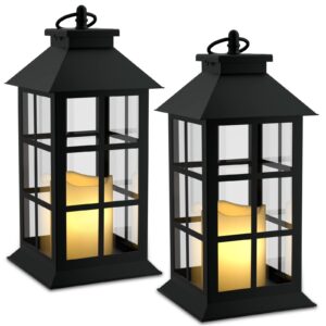 loguide 2 pack 14" black lanterns decorative with timer led flickering flameless candle,vintage candle lantern battery powered waterproof for indoor,outdoor,patio,wedding,garden,porch decor