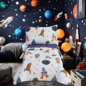 brandream outer space toddler bedding sets for boys spaceship galaxy rocket bed in a bag cotton comforter set, 4pcs includes comforter, top sheet, mattress sheet, pillowcases