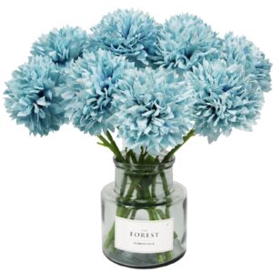 tinsow 12 pcs artificial flowers faux ball chrysanthemum bouquet silk light blue flowers bridal wedding bouquet for home easter party wedding decoration (light blue, 12)